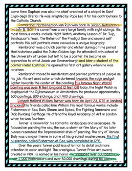 Famous Artists #4 Color by Number, Reading Passage and Text Marking
