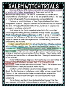 Salem Witch Trials Color by Number, Reading Passage and Text Marking