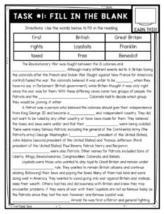 Patriots Loyalists Thinktivity™ Read Comprehension American Revolution