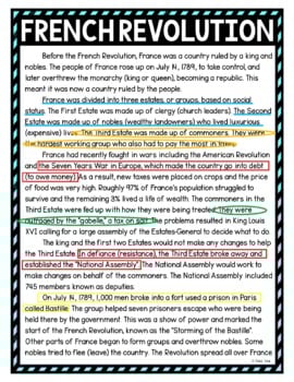 French Revolution Color by Number, Reading Passage and Text Marking