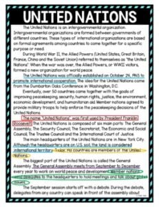 United Nations Color by Number, Reading Passage and Text Marking ...